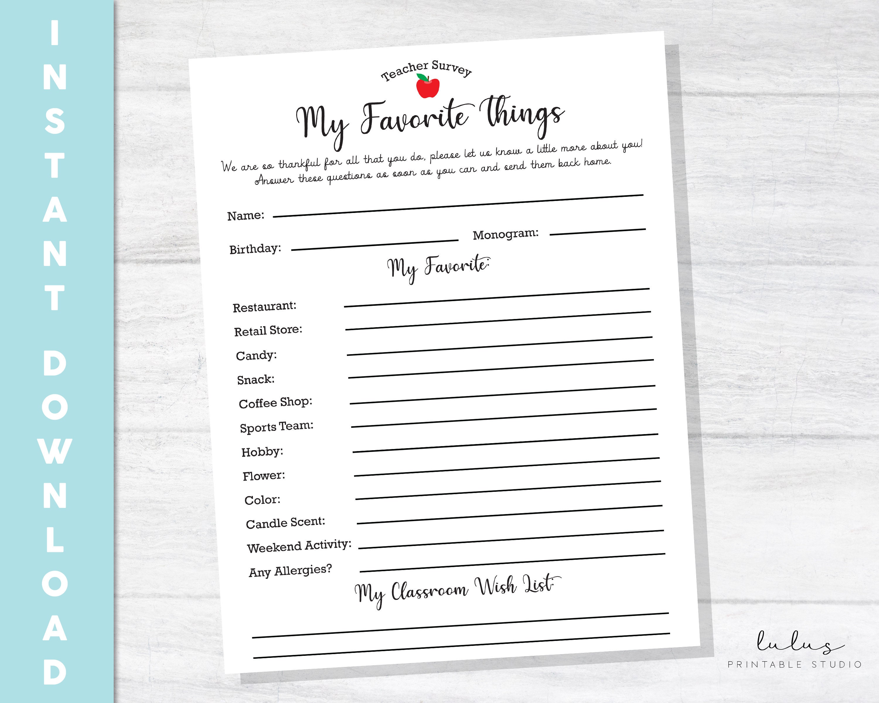 Teacher Survey, Printable Teacher's Favorite Things, Teacher ...