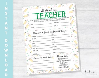 Teacher Favorite Things Survey Printable All About My Teacher - Etsy