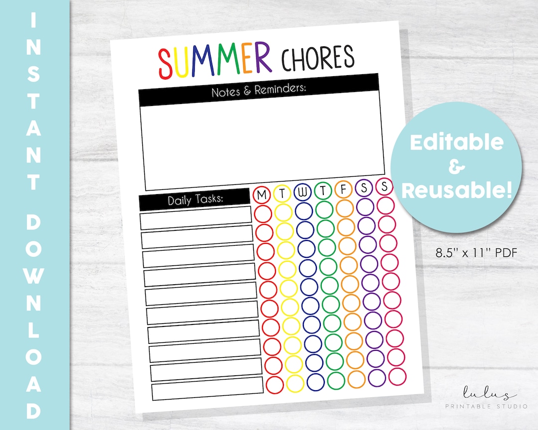 Summer Chore Chart, Printable Chore Chart, Editable Chore Chart for ...