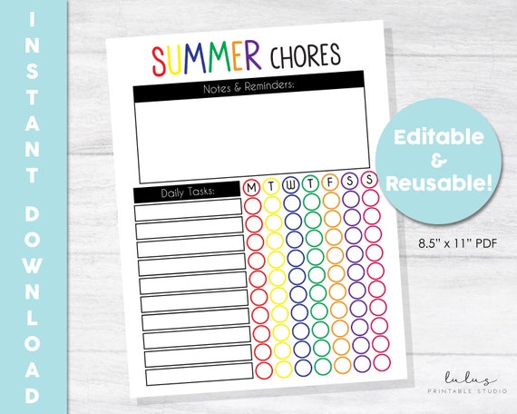 Summer Chore Chart Printable Chore Chart Editable Chore - Etsy