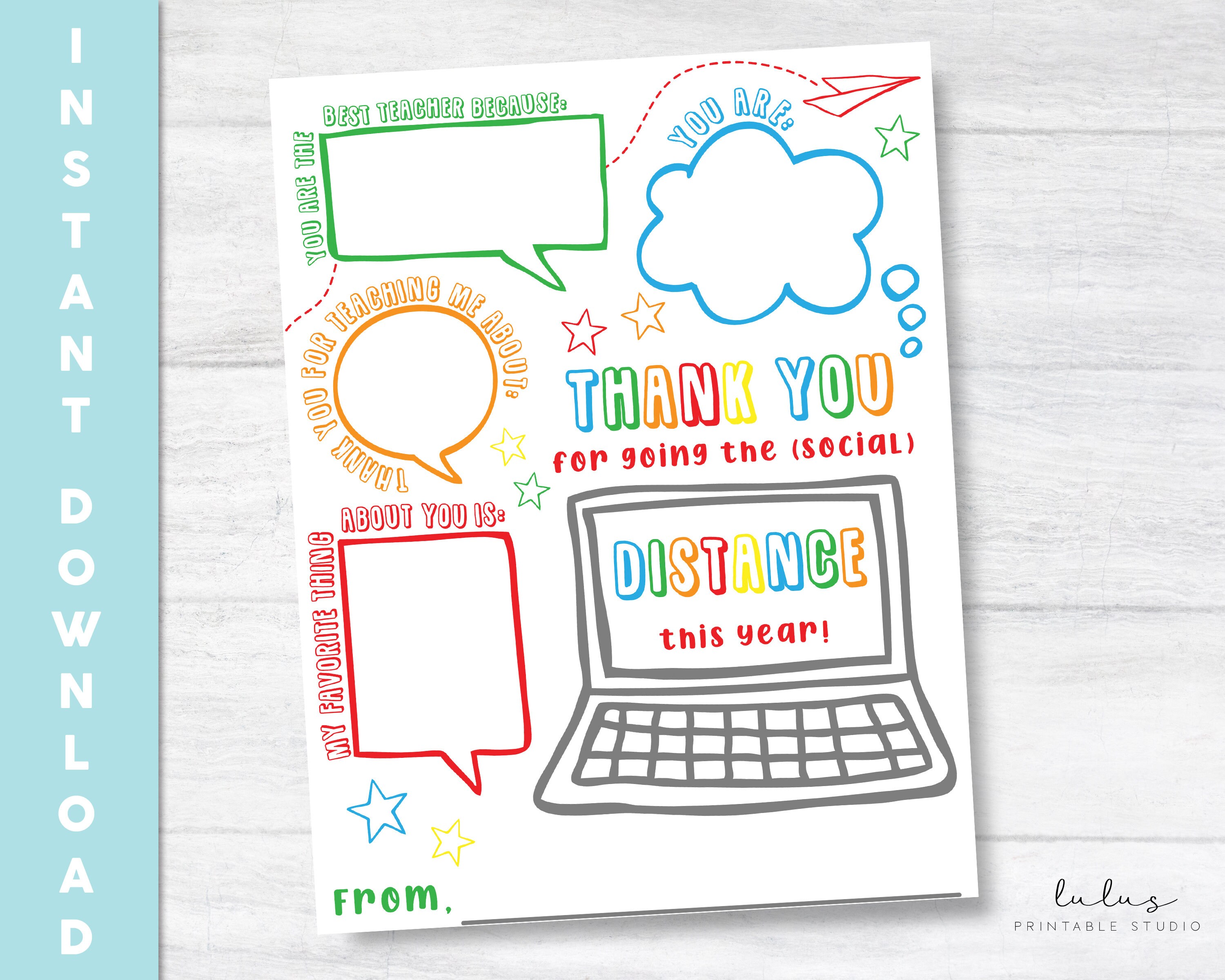 Virtual Teacher Appreciation Printable, Thank You Note for Teacher From ...