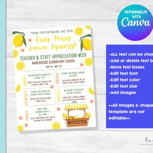 EDITABLE Teacher Appreciation Week Itinerary Printable Lemon - Etsy
