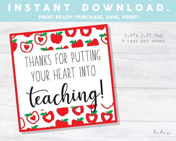 Thanks for Putting Your Heart Into Teaching SQUARE TAG - Etsy