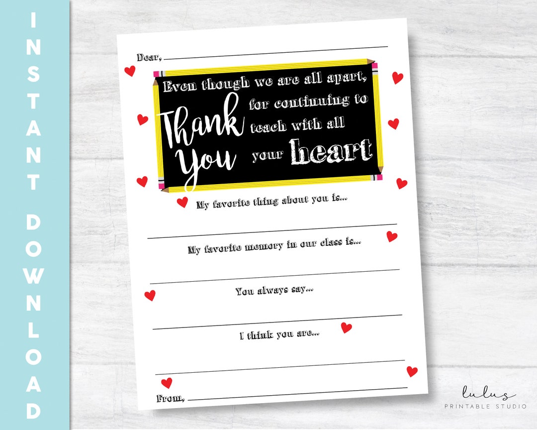 Virtual Teacher Appreciation Printable, Thank You Note for Teacher From ...