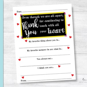 Virtual Teacher Appreciation Printable, Thank You Note for Teacher From ...
