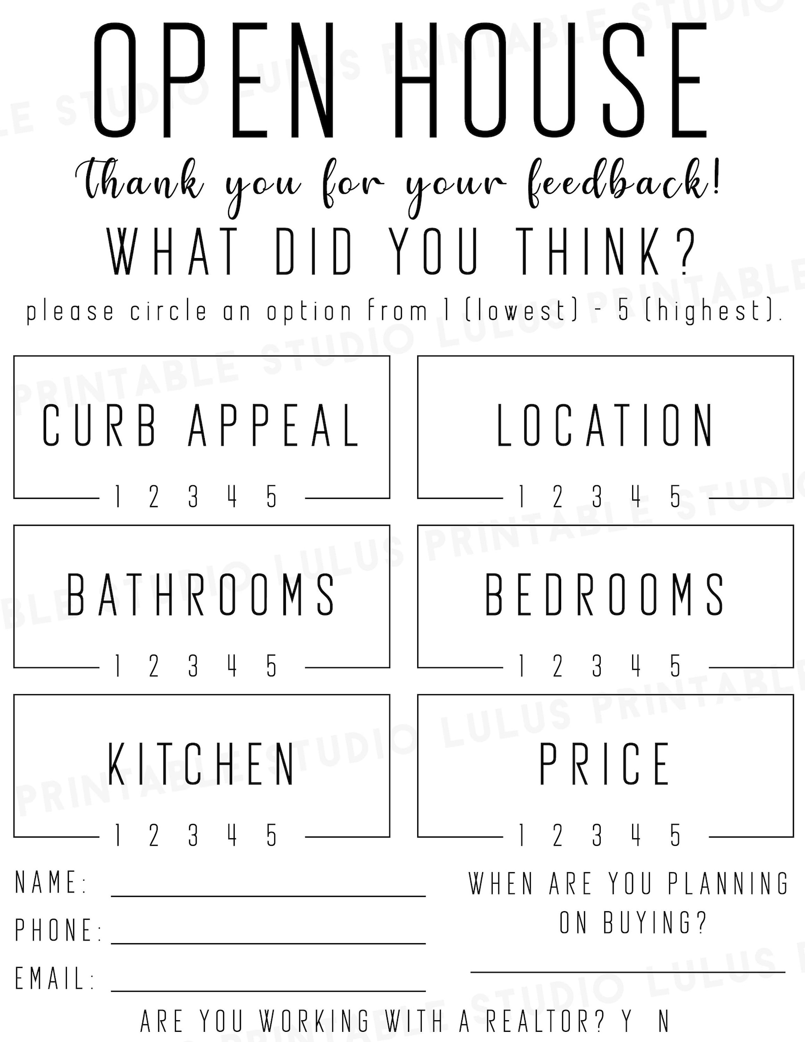 Realtor Open House Survey Realtor Open House Feedback | Etsy