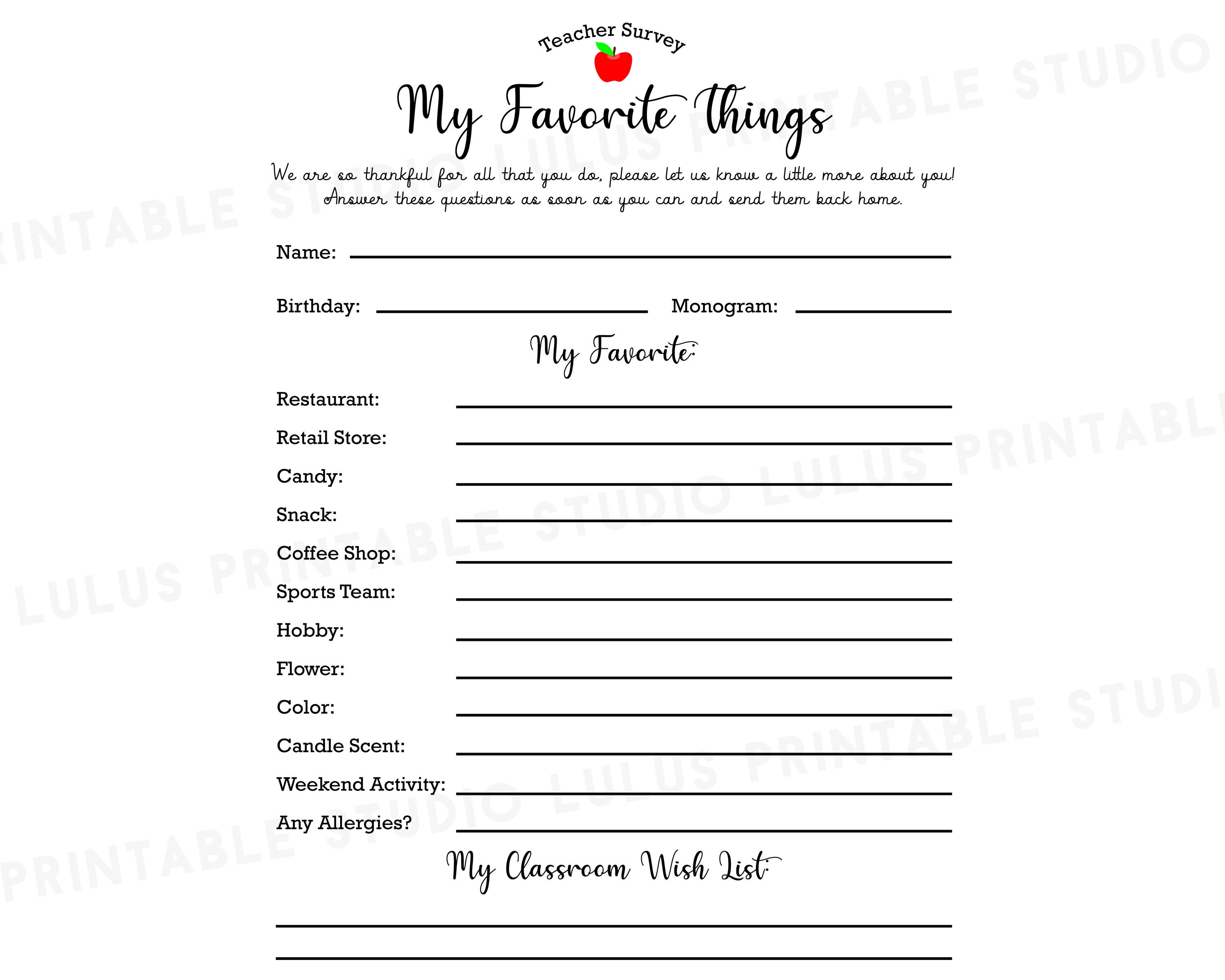Teacher Survey Printable Teacher's Favorite Things | Etsy