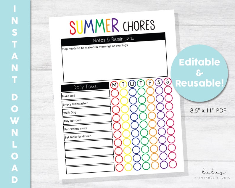 Summer Chore Chart Printable Chore Chart Editable Chore - Etsy