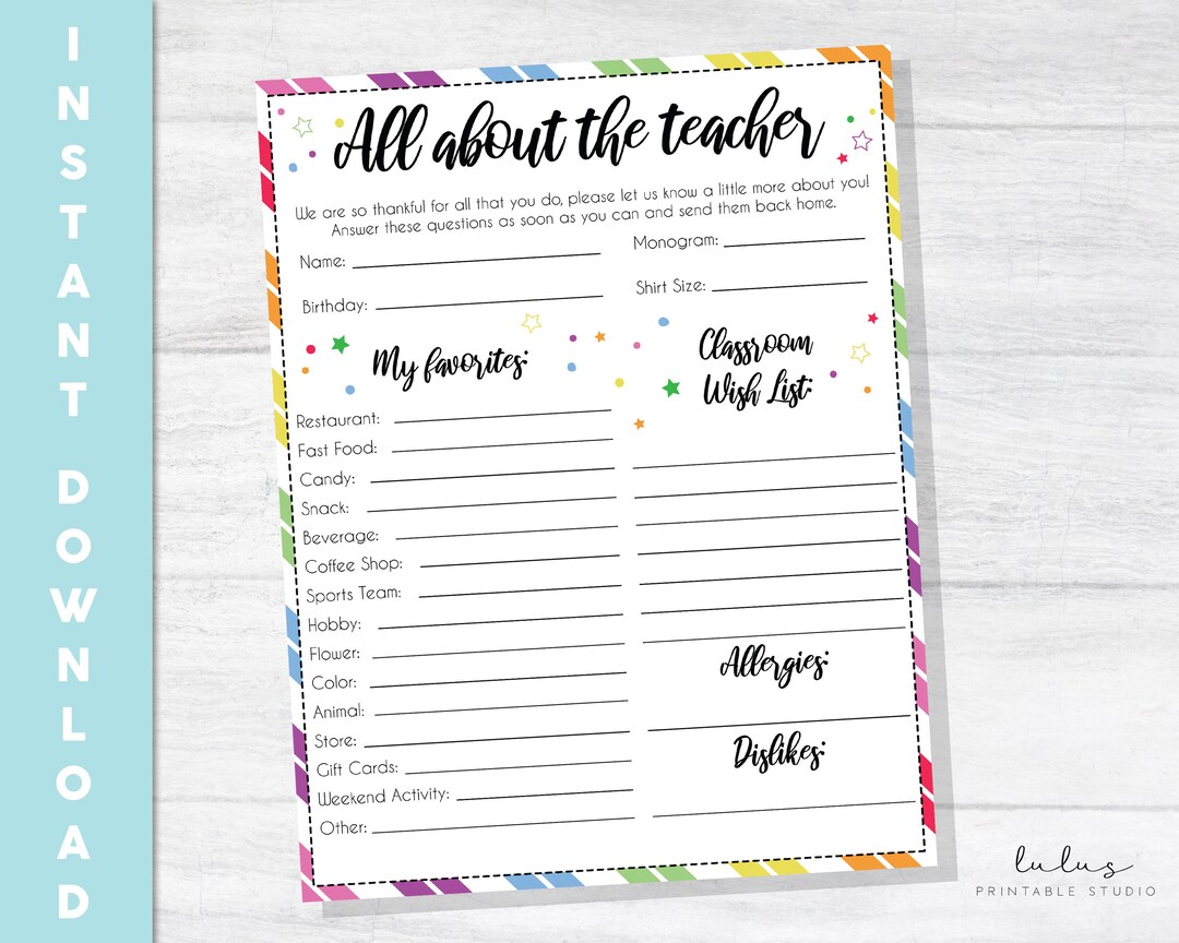 All About the Teacher Questionnaire, Teacher Survey, Teacher's Favorite ...