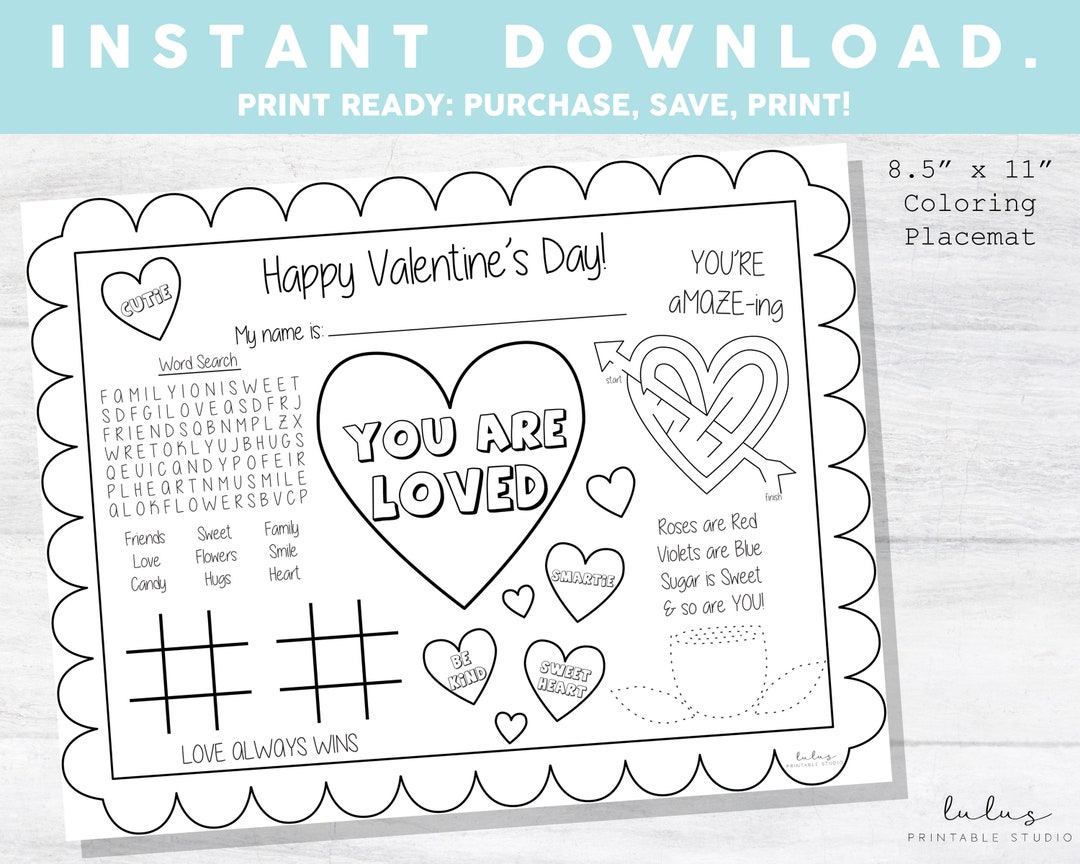Valentine's Day Printable, Valentine's Day Placemat, Kids Valentines ...