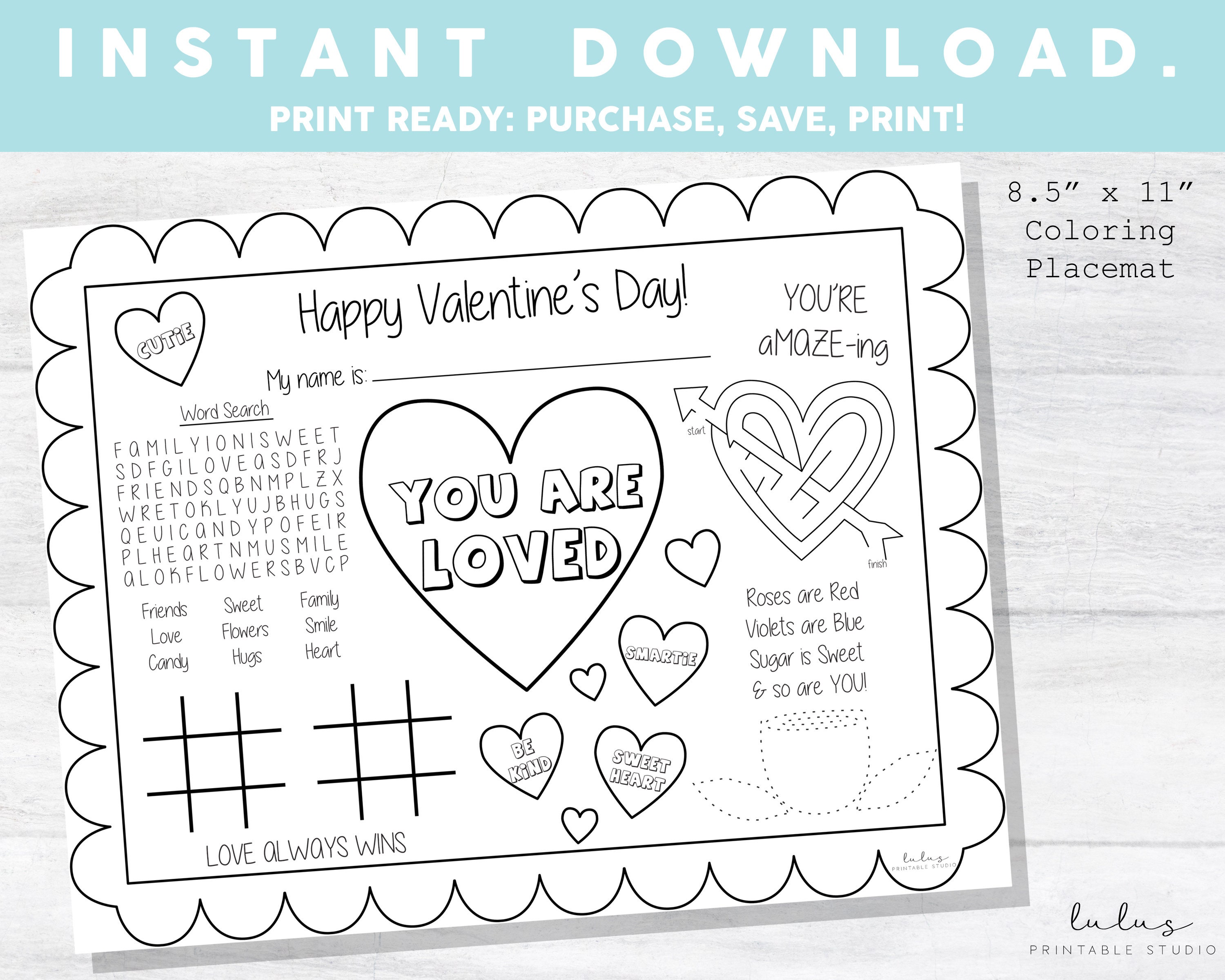 Valentine's Day Printable, Valentine's Day Placemat, Kids Valentines ...