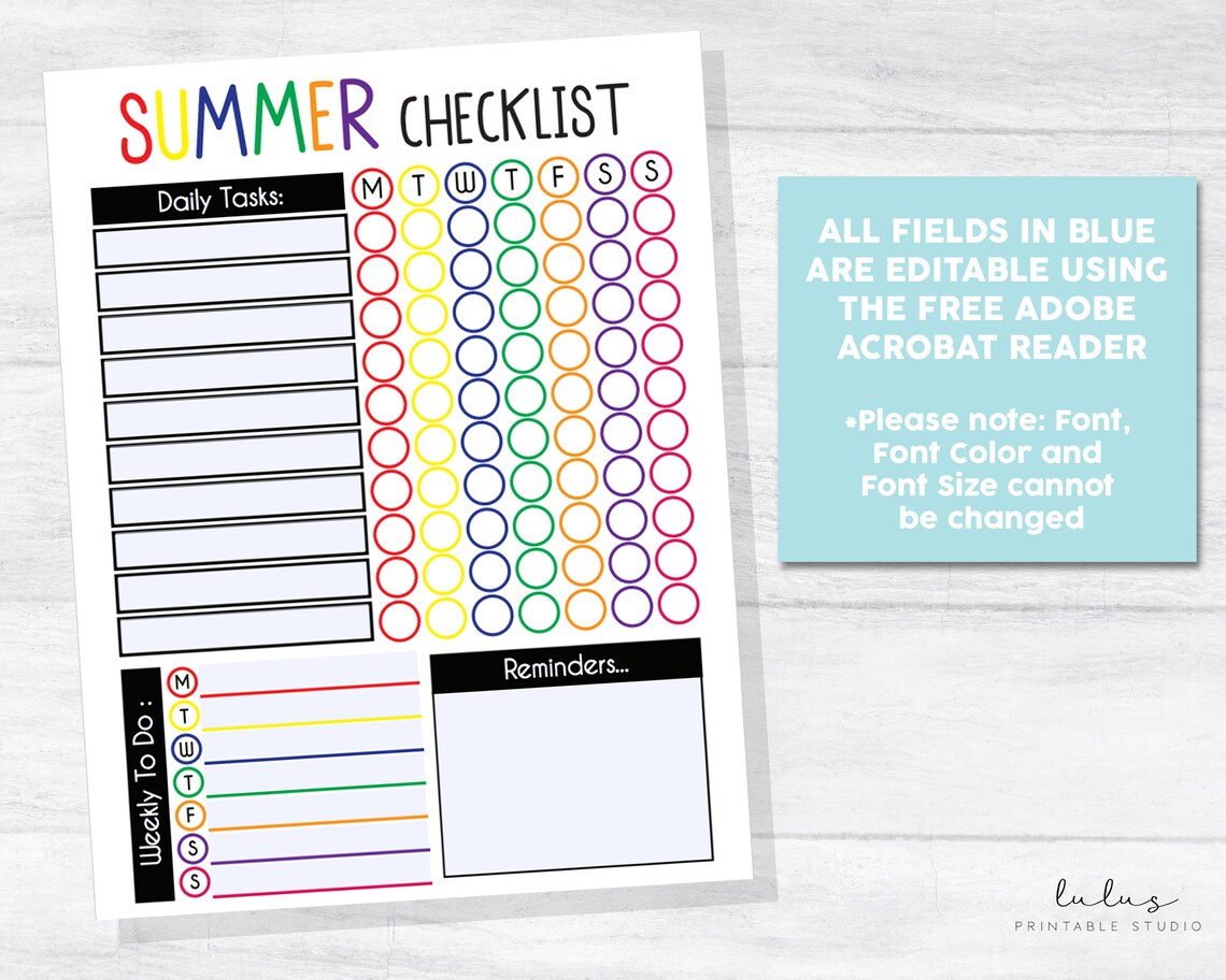 Printable & Editable Summer Daily and Weekly Kids Responsibility Chart ...