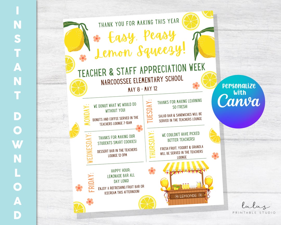 EDITABLE Teacher Appreciation Week Itinerary Printable Lemon - Etsy