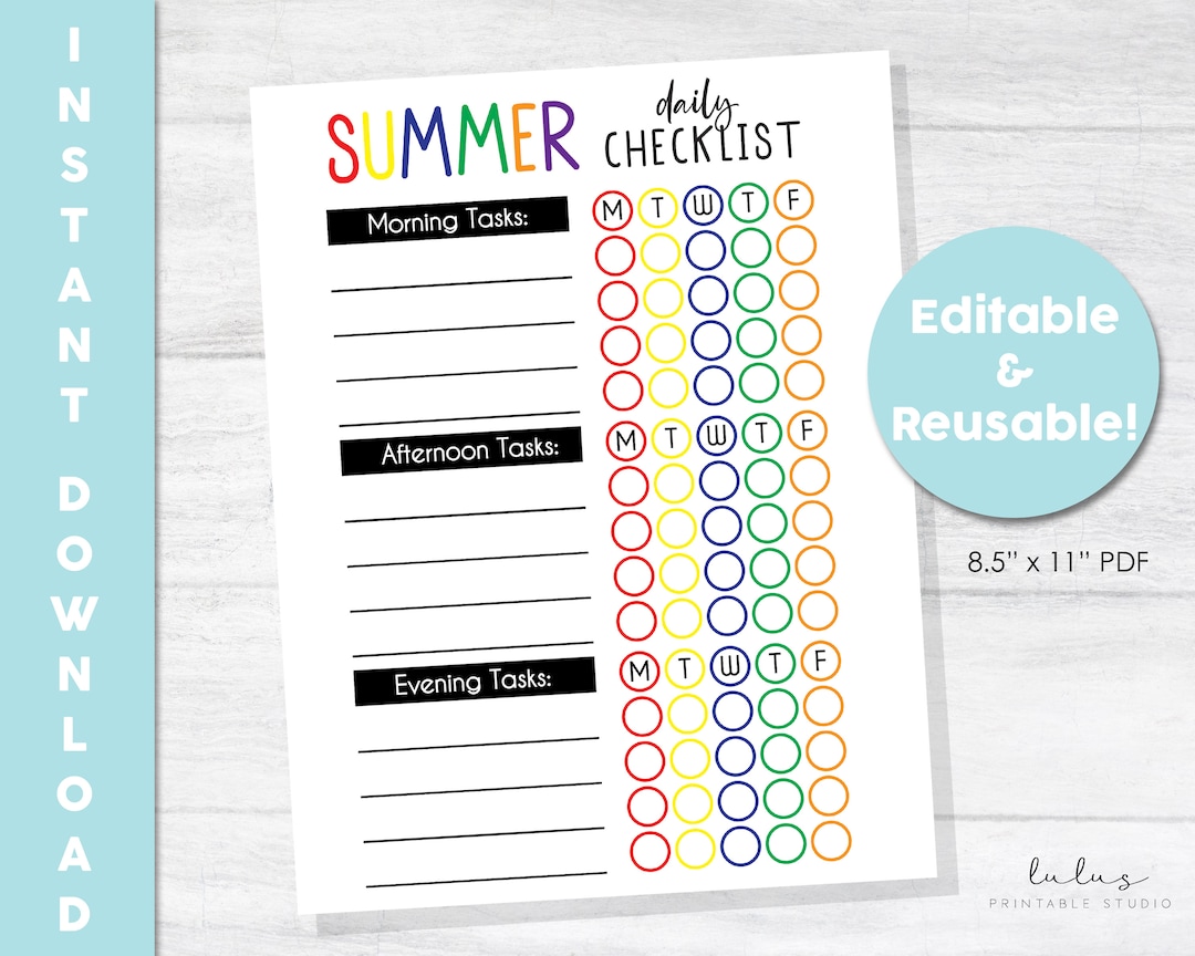 Summer Daily Checklist for Kids, Daily Chores, Chore Checklist, Chore ...