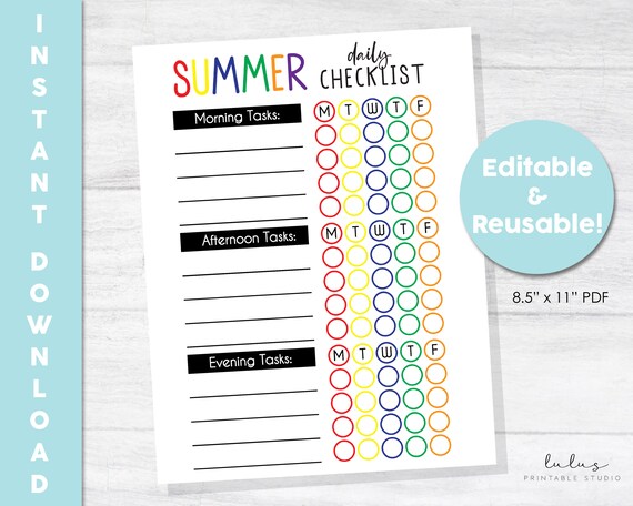 Summer Daily Checklist for Kids Daily Chores Chore - Etsy