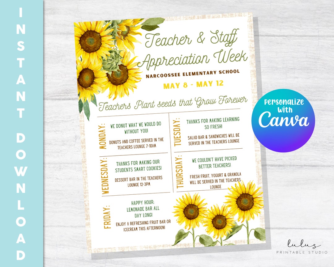EDITABLE Teacher Appreciation Week Itinerary, Printable Sunflowers ...