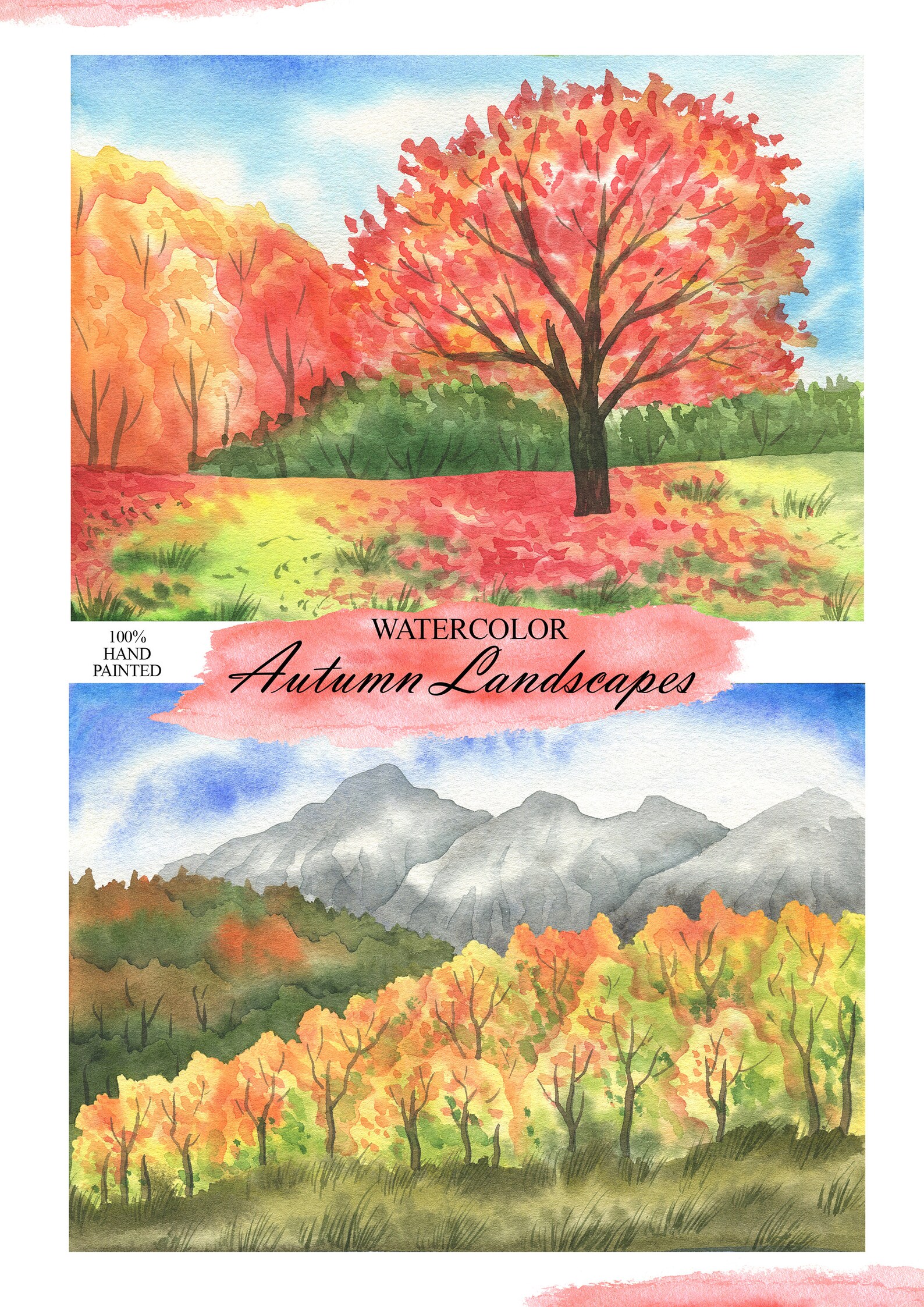 Watercolor Autumn Landscape Clipart Fall Forest Clip Art - Etsy