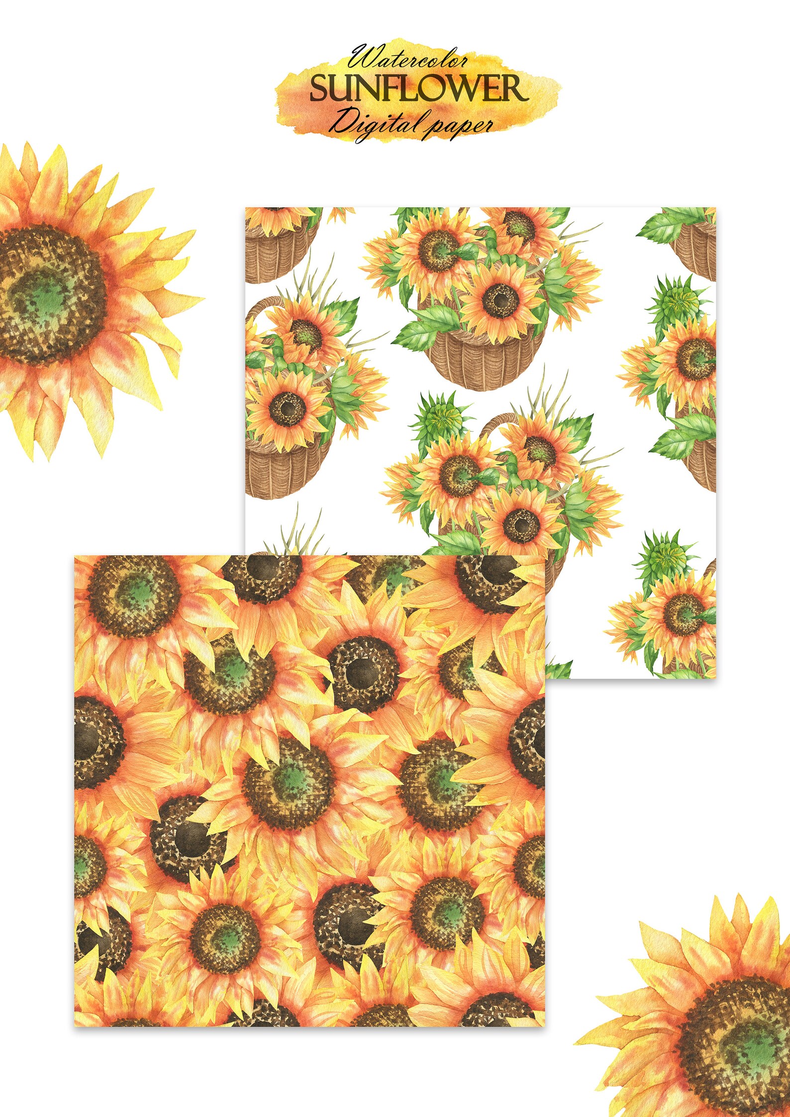 Watercolor Sunflowers Digital Paper Pack, Seamless Patterns, Textile ...