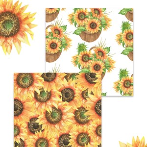 Watercolor Sunflowers Digital Paper Pack, Seamless Patterns, Textile ...