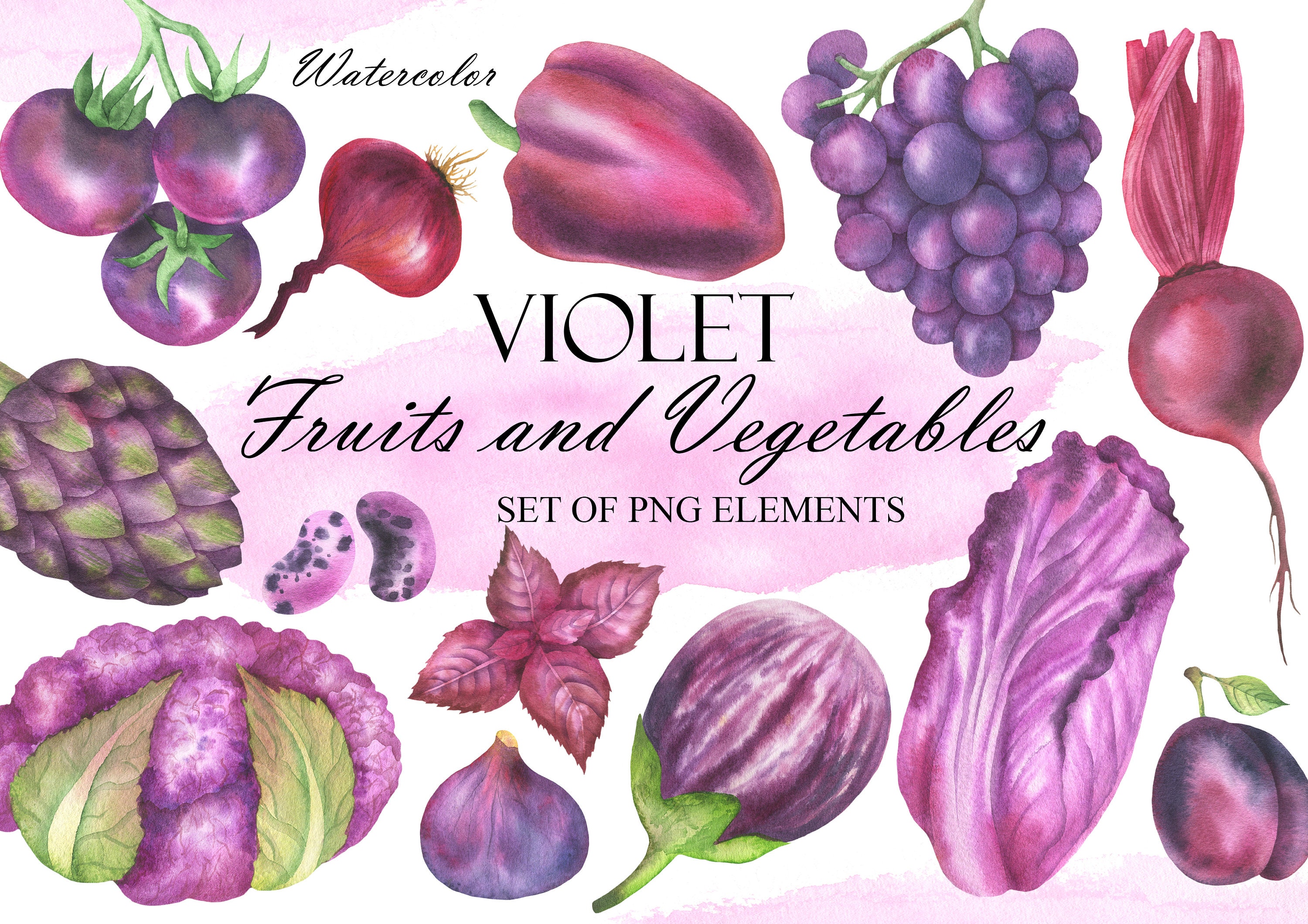 Watercolor Violet Fruit and Vegetables Clipart, Farm and Kitchen ...