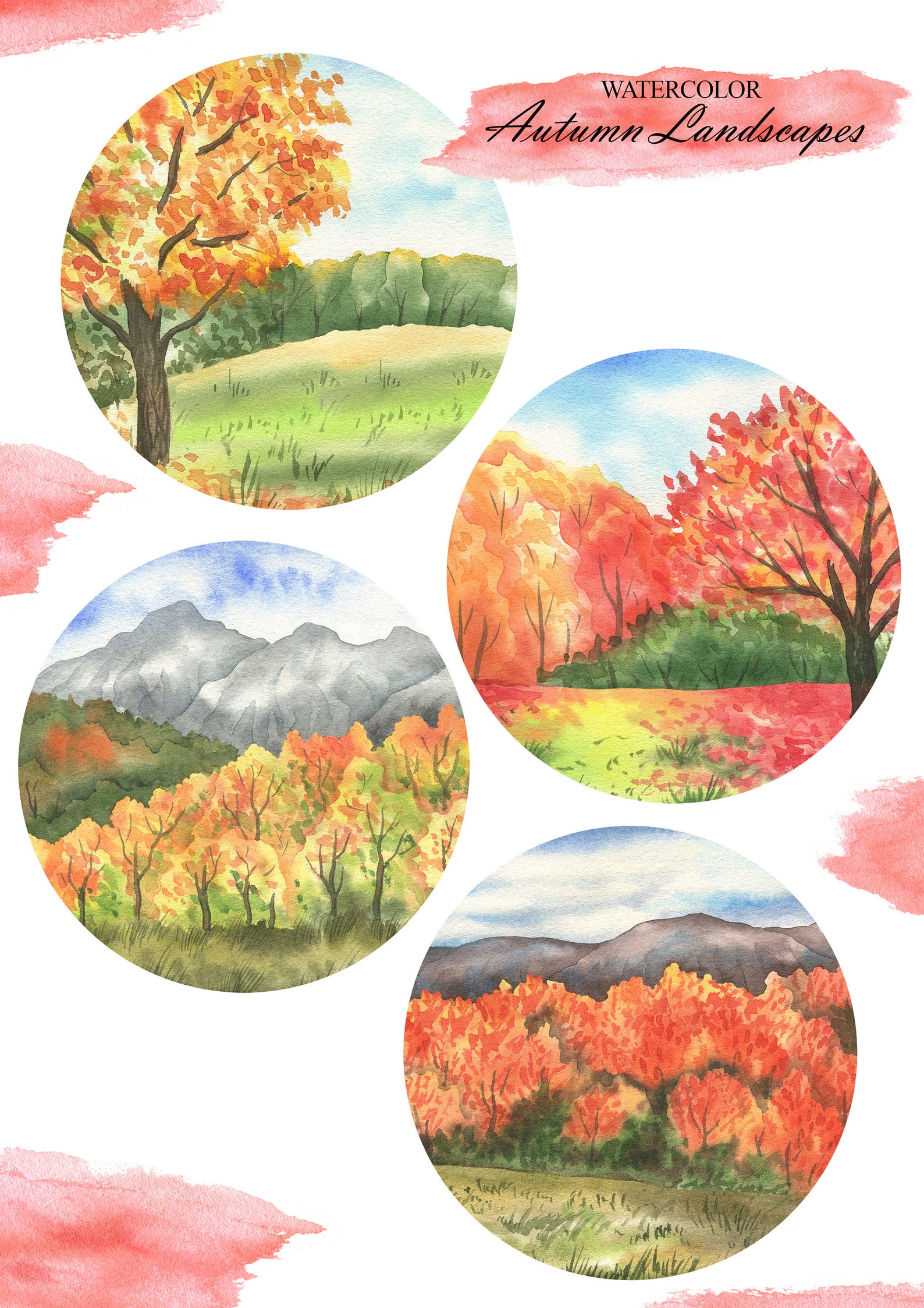 Watercolor Autumn Landscape Clipart, Fall Forest Clip Art, Autumn Scene ...