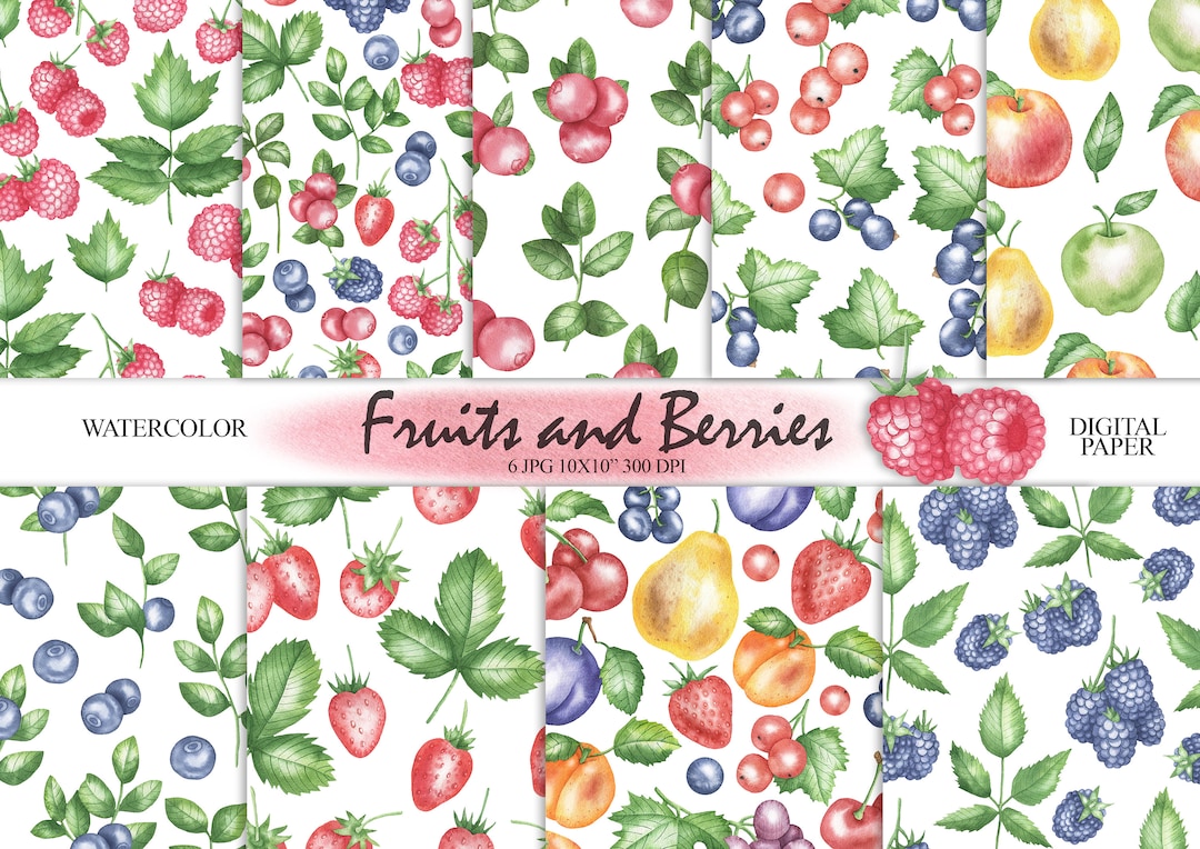Digital Watercolor Fruits and Berries Seamless Paper Pack, Scrapbooking ...