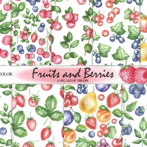 Digital Watercolor Fruits and Berries Seamless Paper Pack, Scrapbooking ...