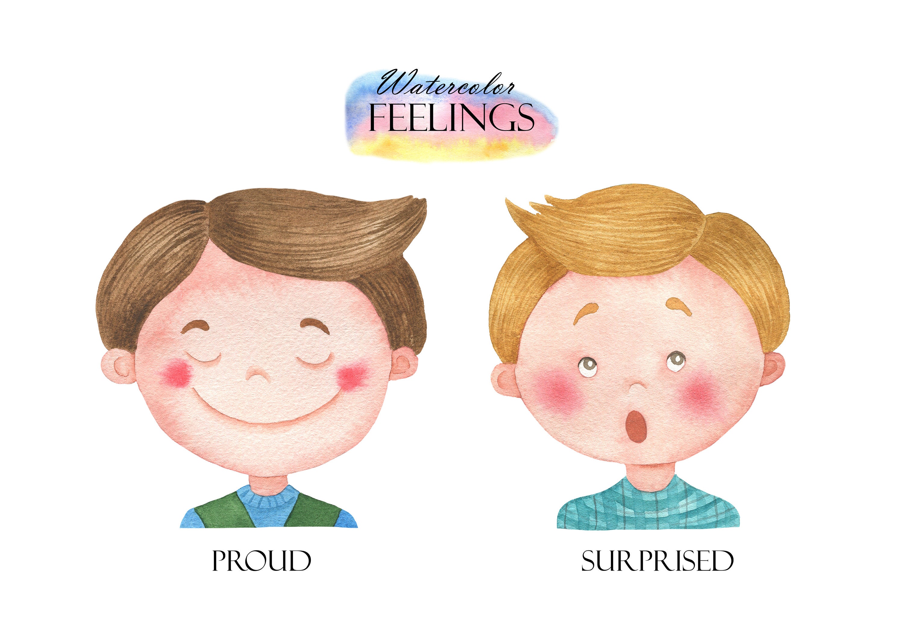 Watercolor Emotions Clipart, Feelings Clip Art, Boy Faces, Montessori ...