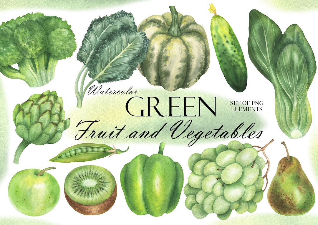 Watercolor Green Fruit and Vegetables Clipart, Farm and Kitchen ...