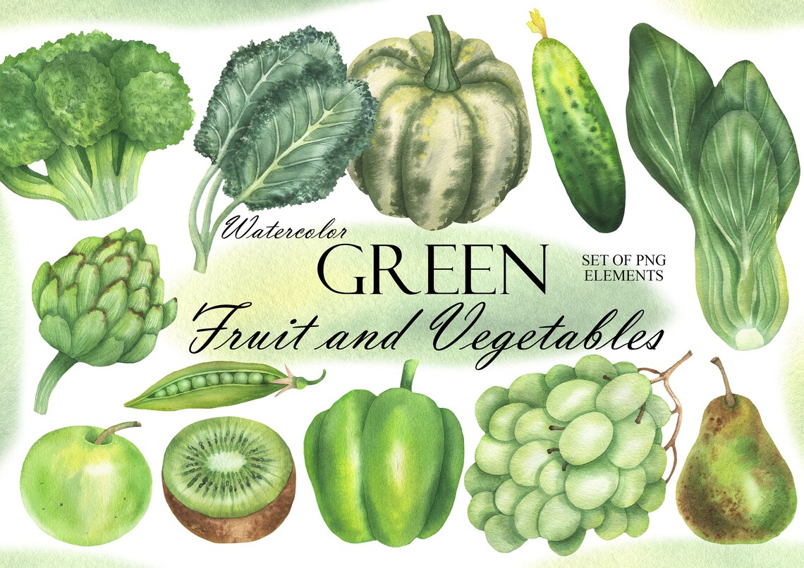 Watercolor Green Fruit and Vegetables Clipart, Farm and Kitchen ...