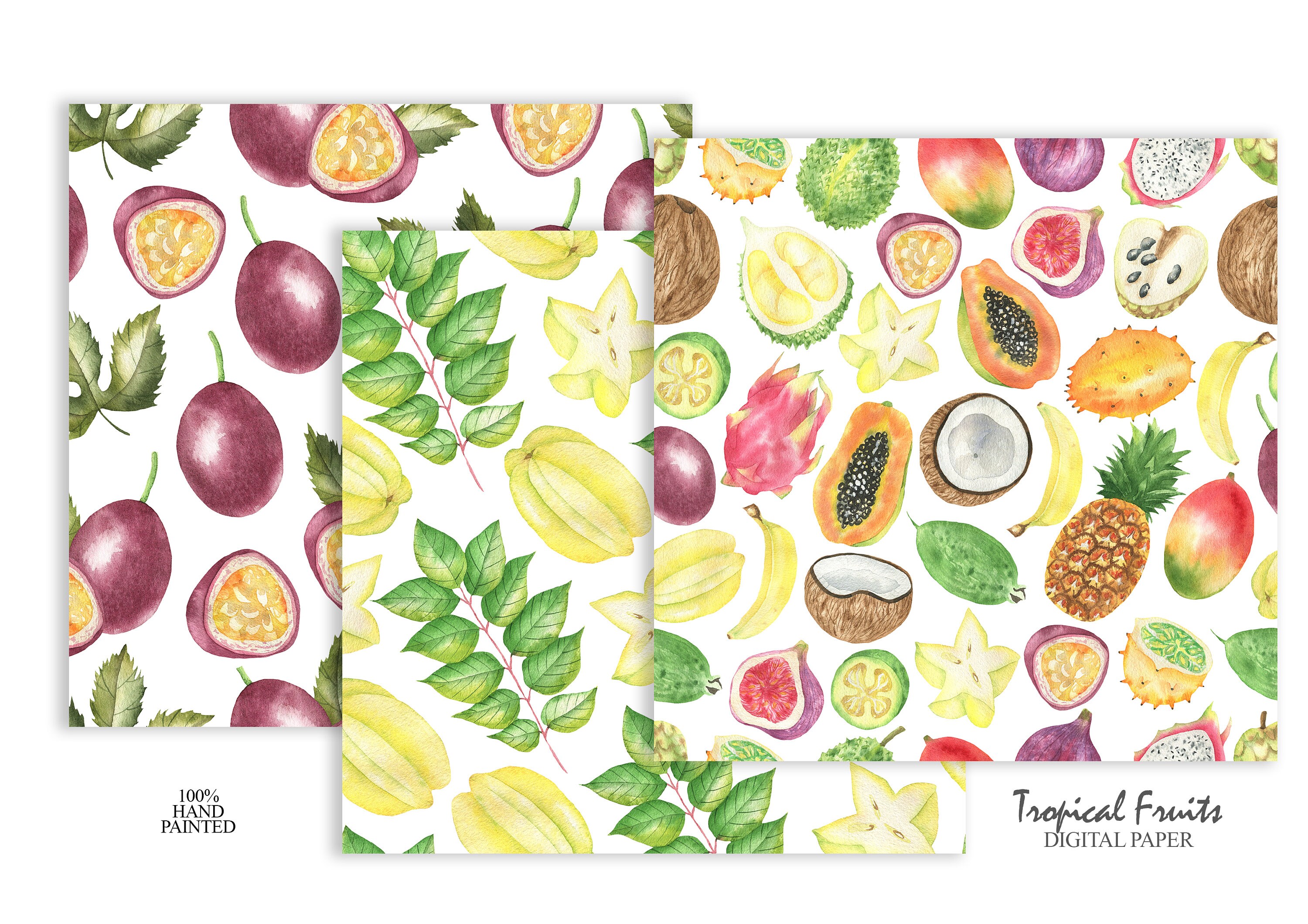 Watercolor Fruits Digital Paper, Summer Tropical Fruits Seamless ...