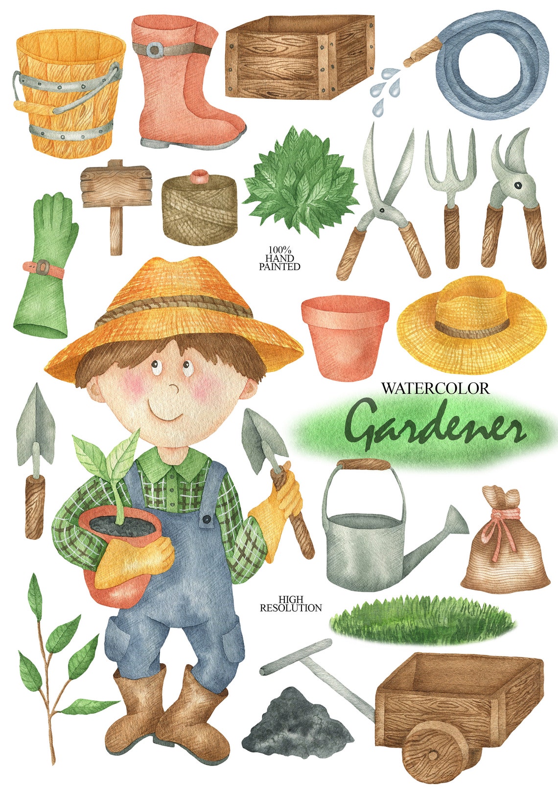 Watercolor Gardening Clipart, Garden Tools and Supplies, Shovels, Pots ...