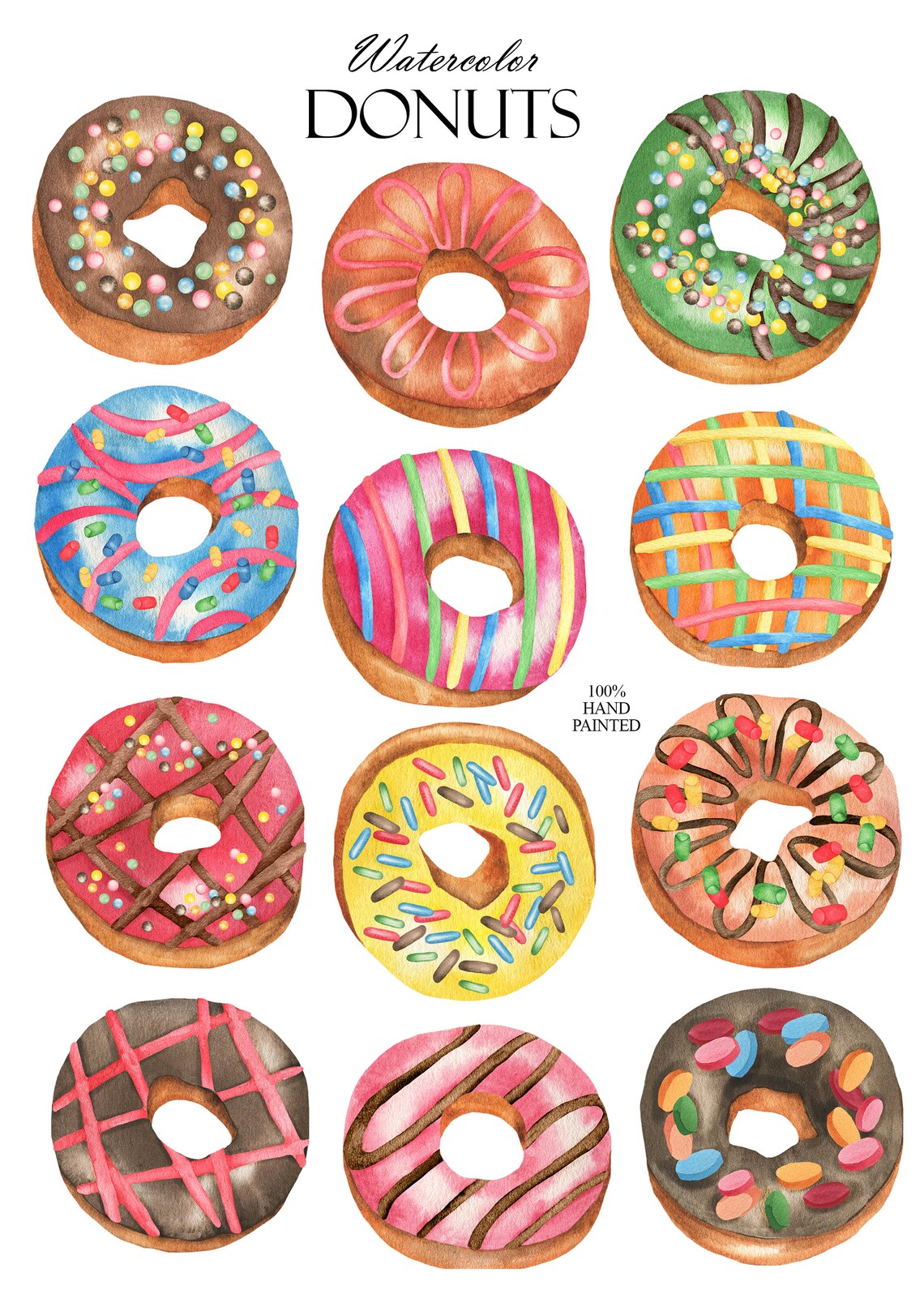 Watercolor Donuts Clipart, Donut Birthday Party, Sprinkle Donut, Sweet ...