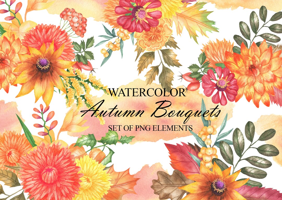 Watercolor Autumn Bouquets Clipart, Fall Autumn Flowers and Leaves ...