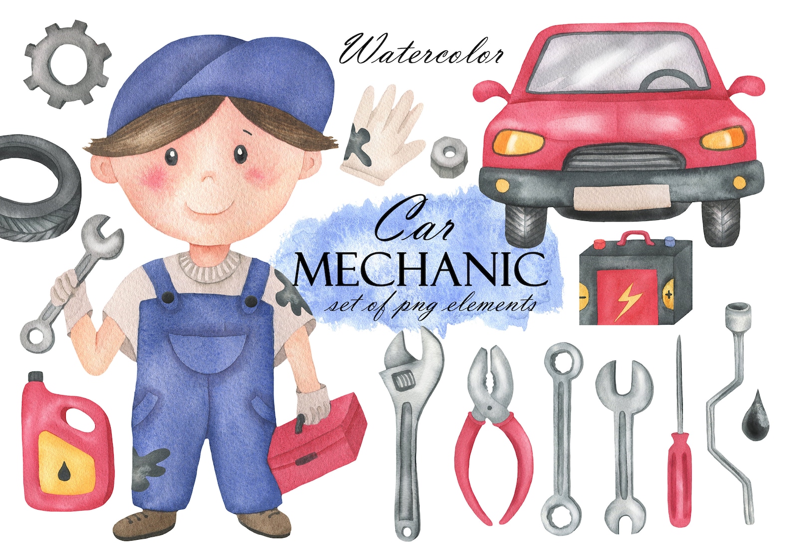 Watercolor Car Mechanic Clipart, Auto Mechanic Clip Art, Car Repair ...