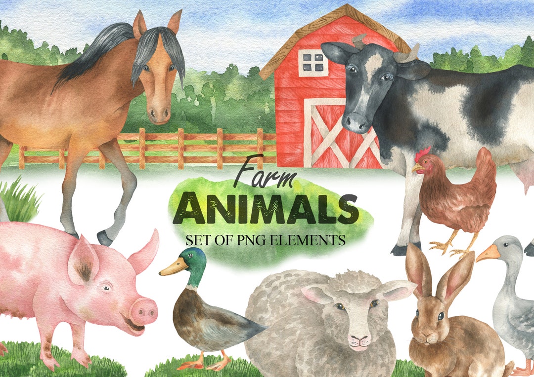 Farm Animals Clipart, Watercolor Cow, Horse, Pig, Sheep, Duck, Chicken ...