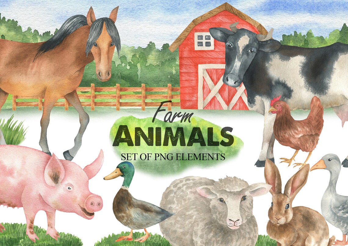 Farm Animals Clipart, Watercolor Cow, Horse, Pig, Sheep, Duck, Chicken ...
