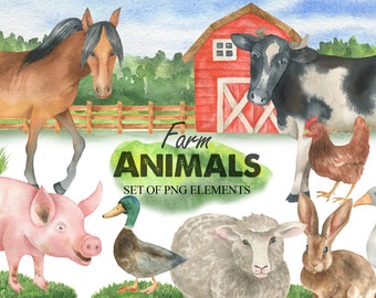 Watercolor Farm Animals Clipart, Watercolor Horse, Chicken, Pig, Cow - Etsy