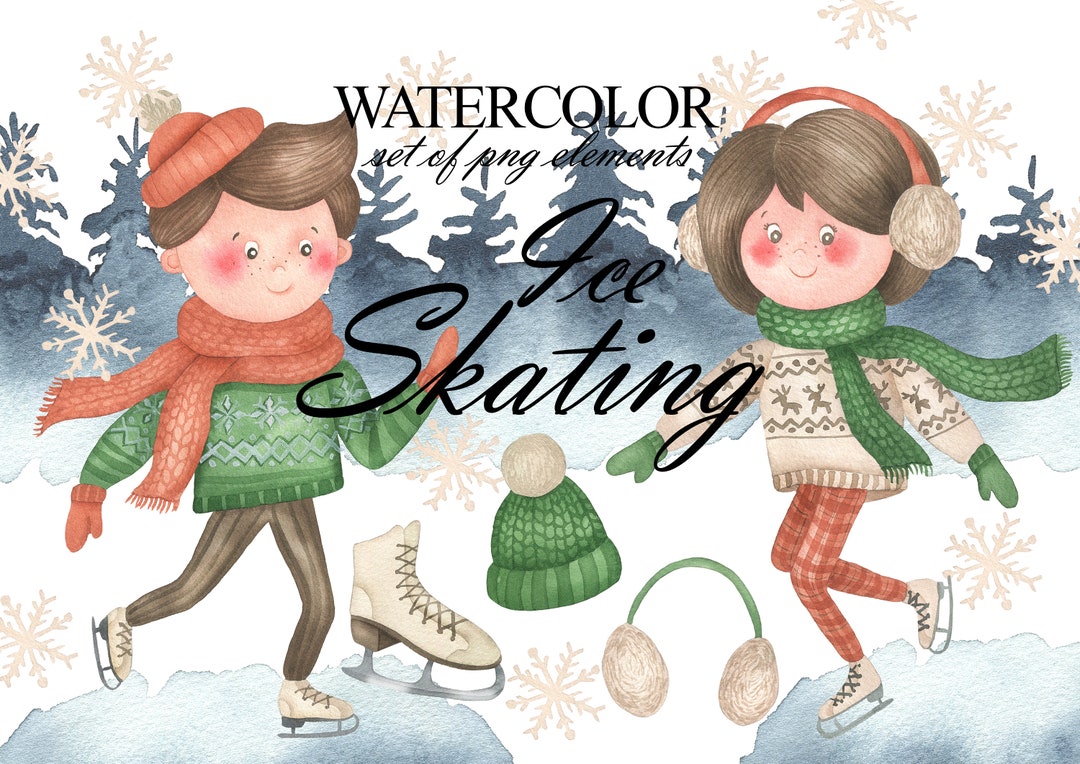 Watercolor Ice Skating Clipart, Ice Skaters Characters Clipart, Winter ...