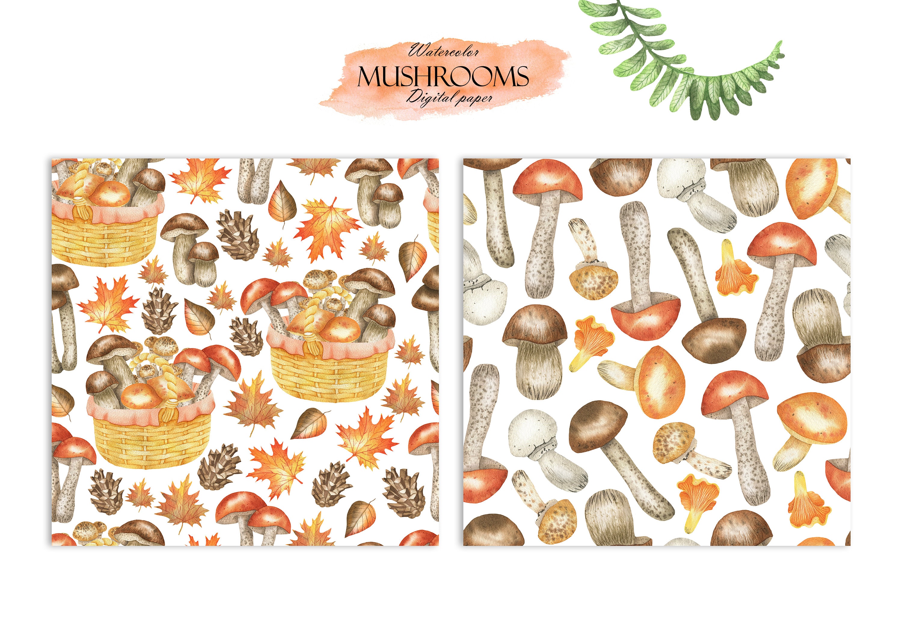 Watercolor Mushroom Digital Paper, Mushrooms Seamless Pattern, Forest ...