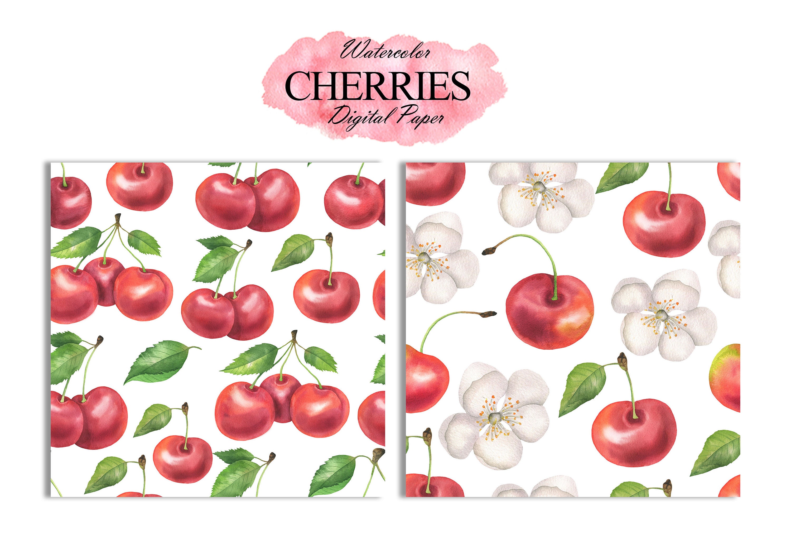 Watercolor Cherry Digital Paper Cherries Seamless Pattern - Etsy