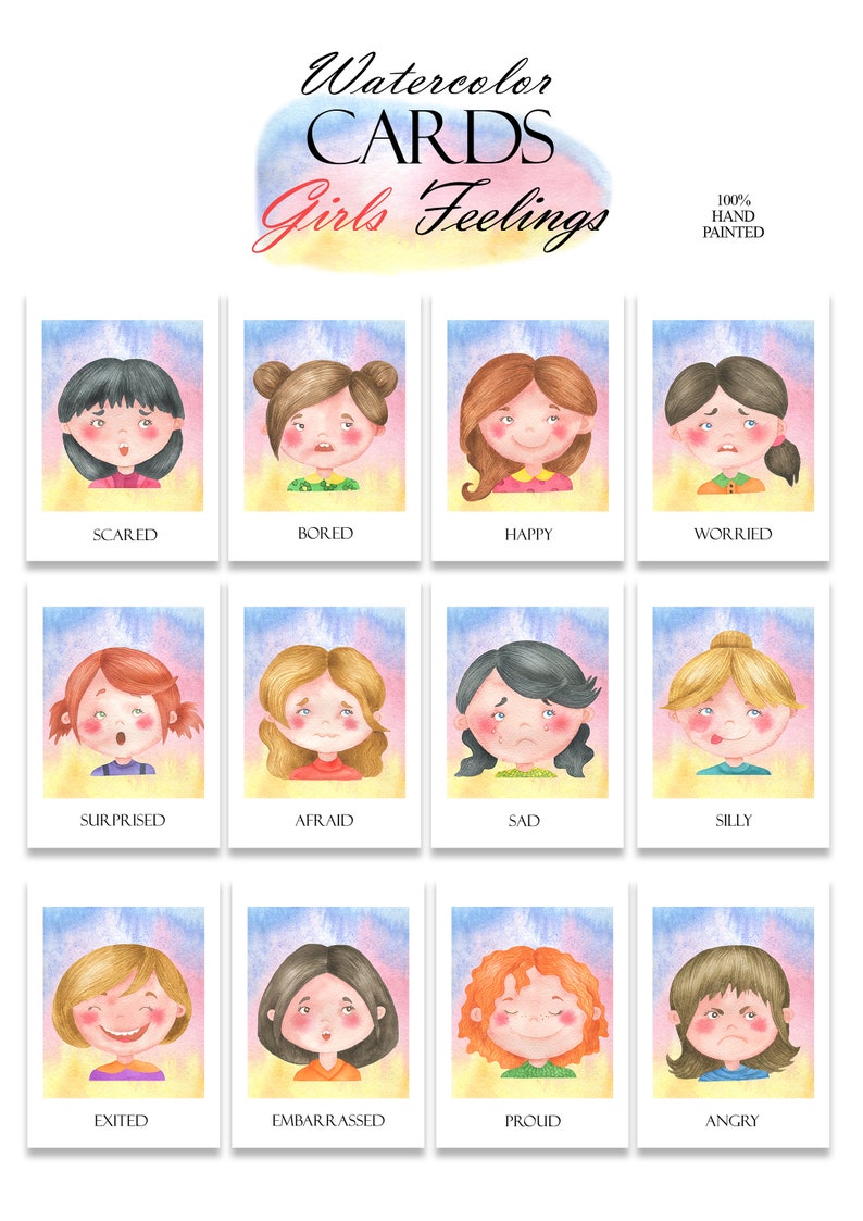 Watercolor Feelings Flash Cards, Girls Emotions Cards, Montessori ...