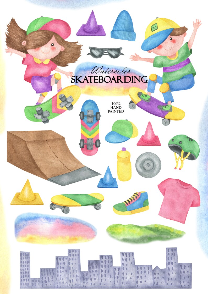 Watercolor Skateboarding Clipart, Summer Sports PNG (digital Download ...