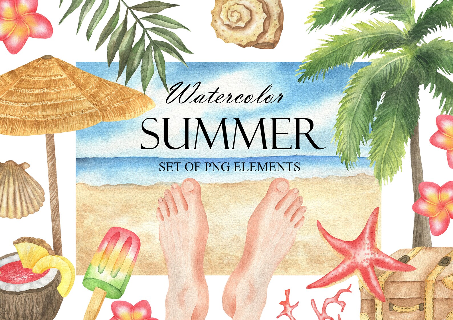 Watercolor Summer Beach, Vacation Clip Art, Travel Clipart, Tropical ...