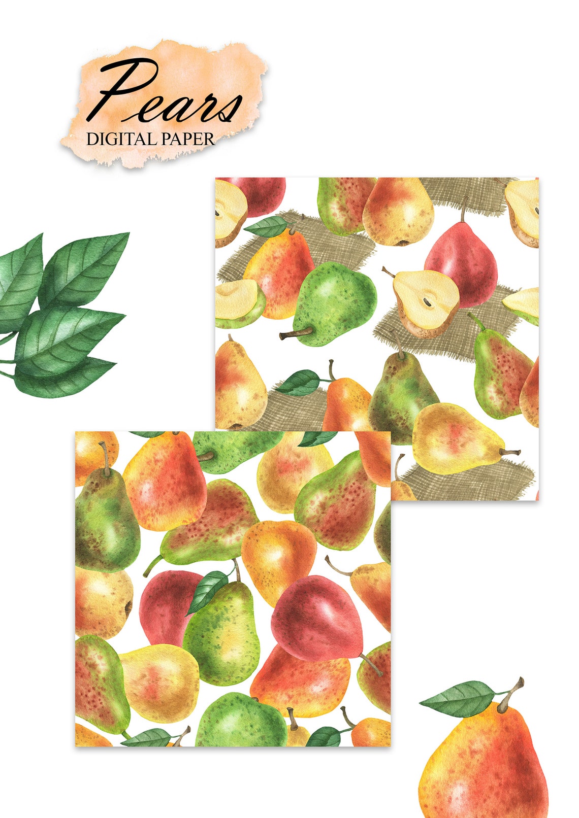 Watercolor Pears Digital Paper, Pear Seamless Pattern, Fruit Paper ...