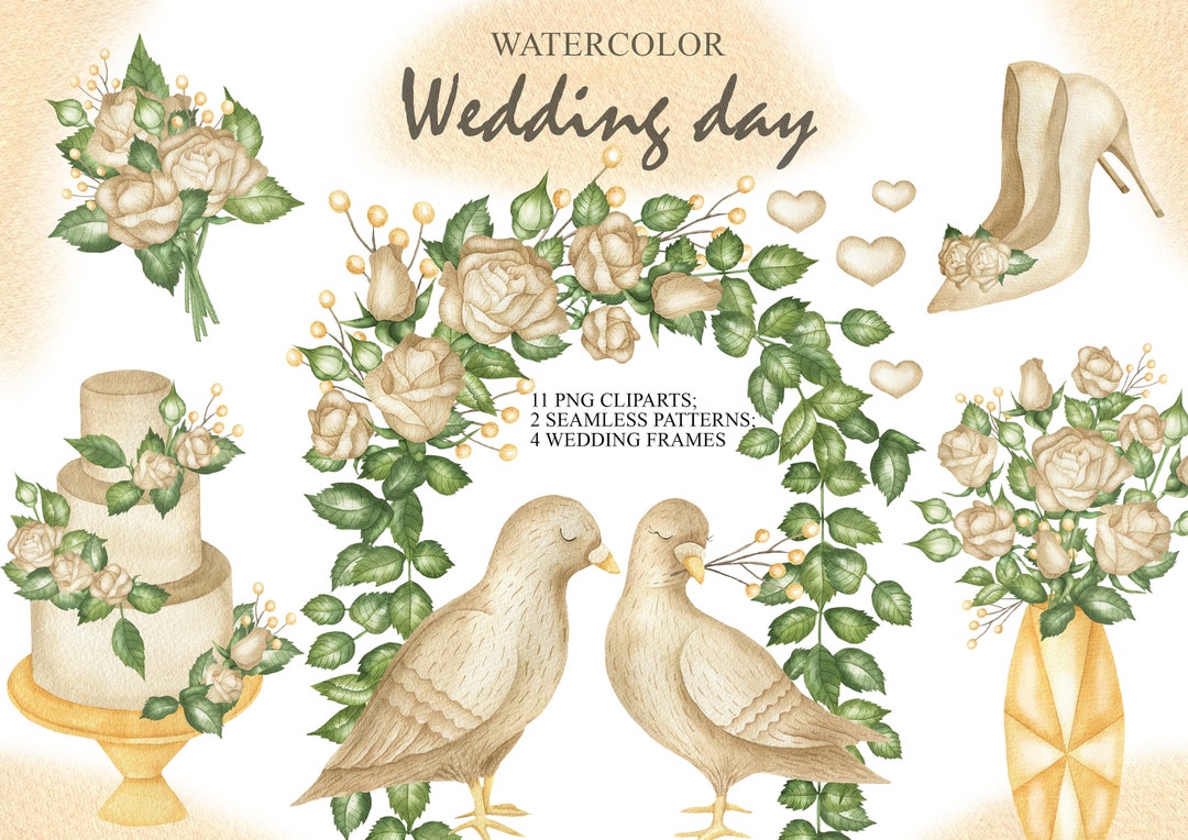 Watercolor Wedding Pigeons Clipart, Rose Bouquet, Floral Clip Art ...