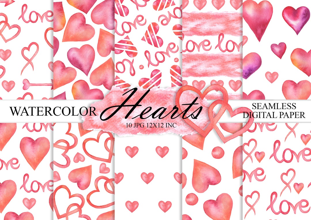 Watercolor Heart Digital Paper, Hearts Seamless Pattern, Heart Print ...