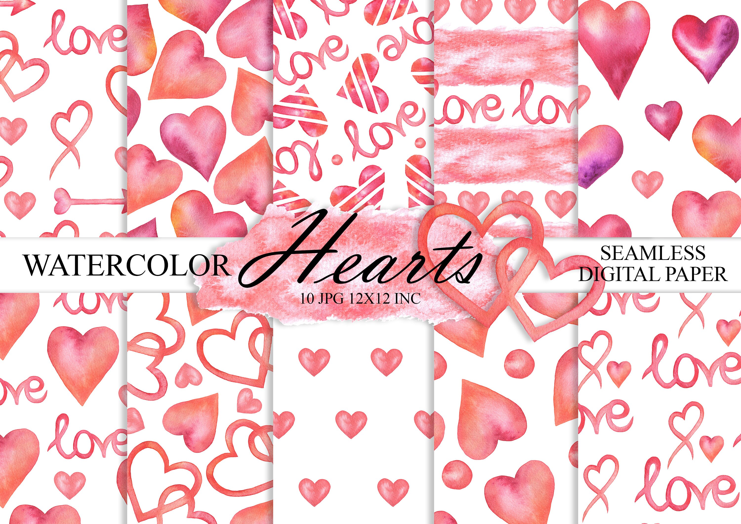 Watercolor Heart Digital Paper, Hearts Seamless Pattern, Heart Print ...