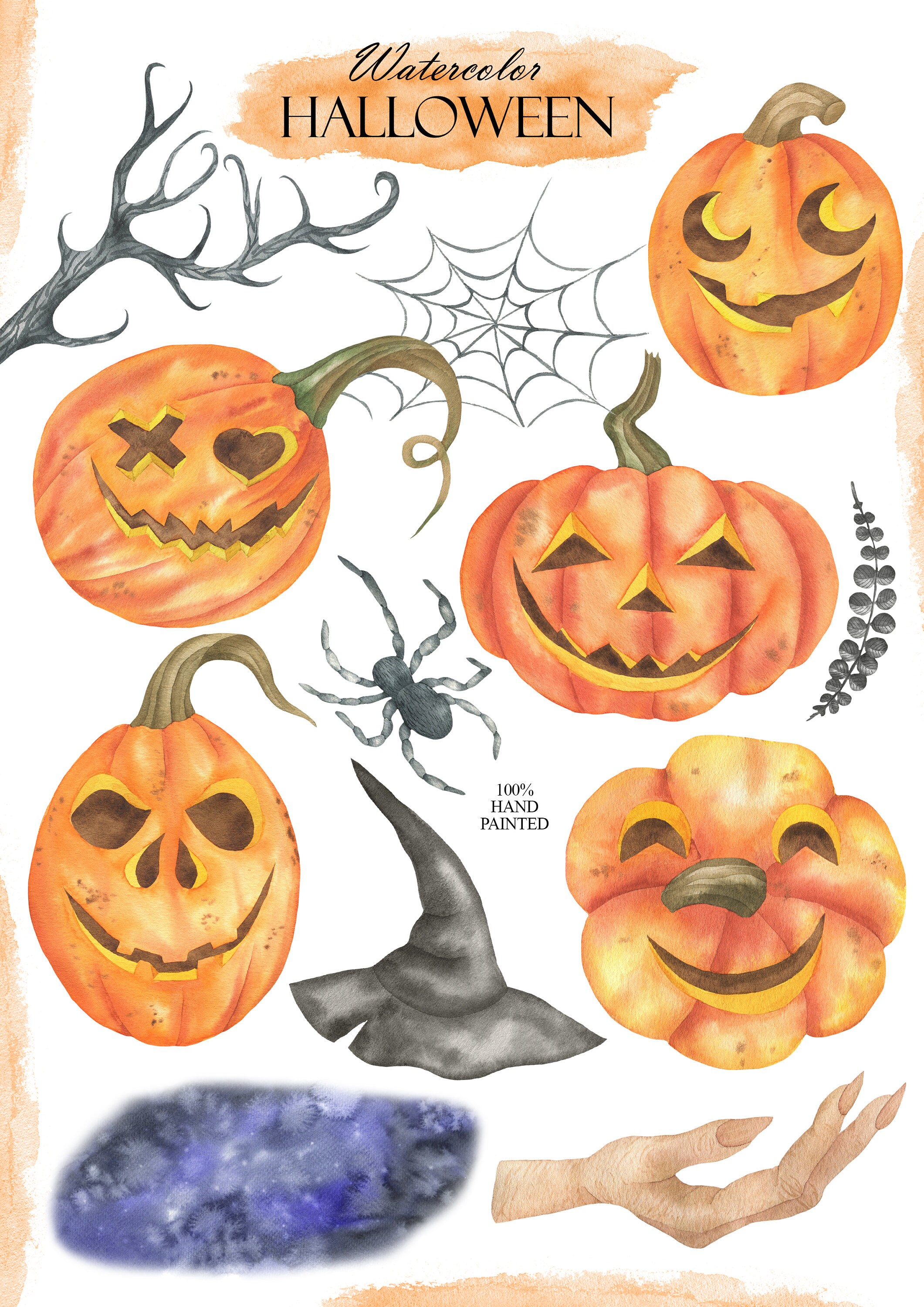 Halloween Pumpkin Watercolor Clipart, Jack-o'lanterns, Scary Pumpkins ...
