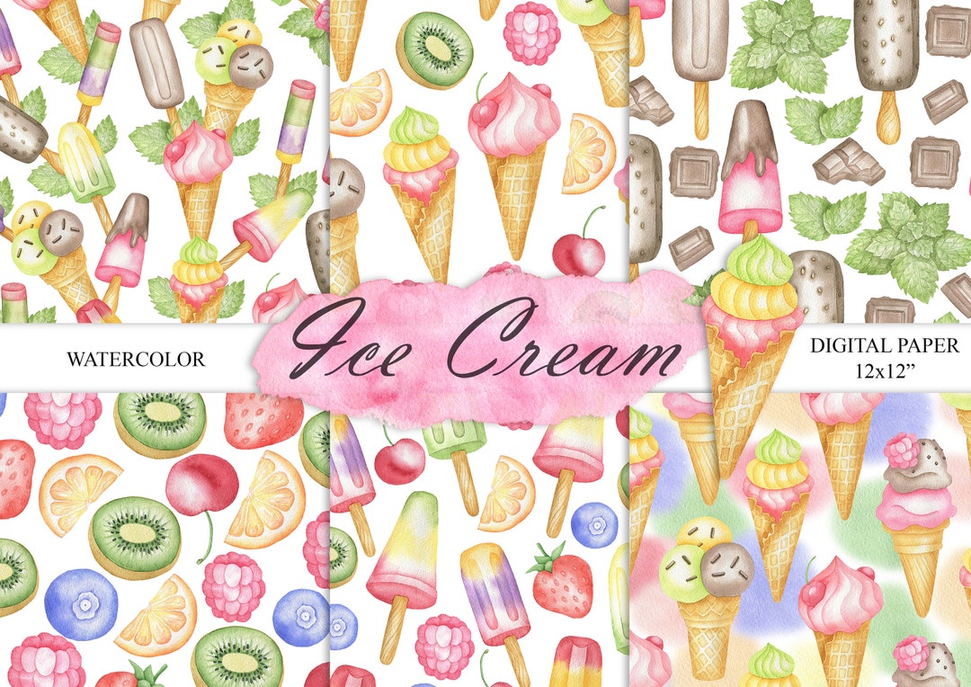Watercolor Ice Cream Digital Paper, Seamless Paper Pack, Summer Paper ...